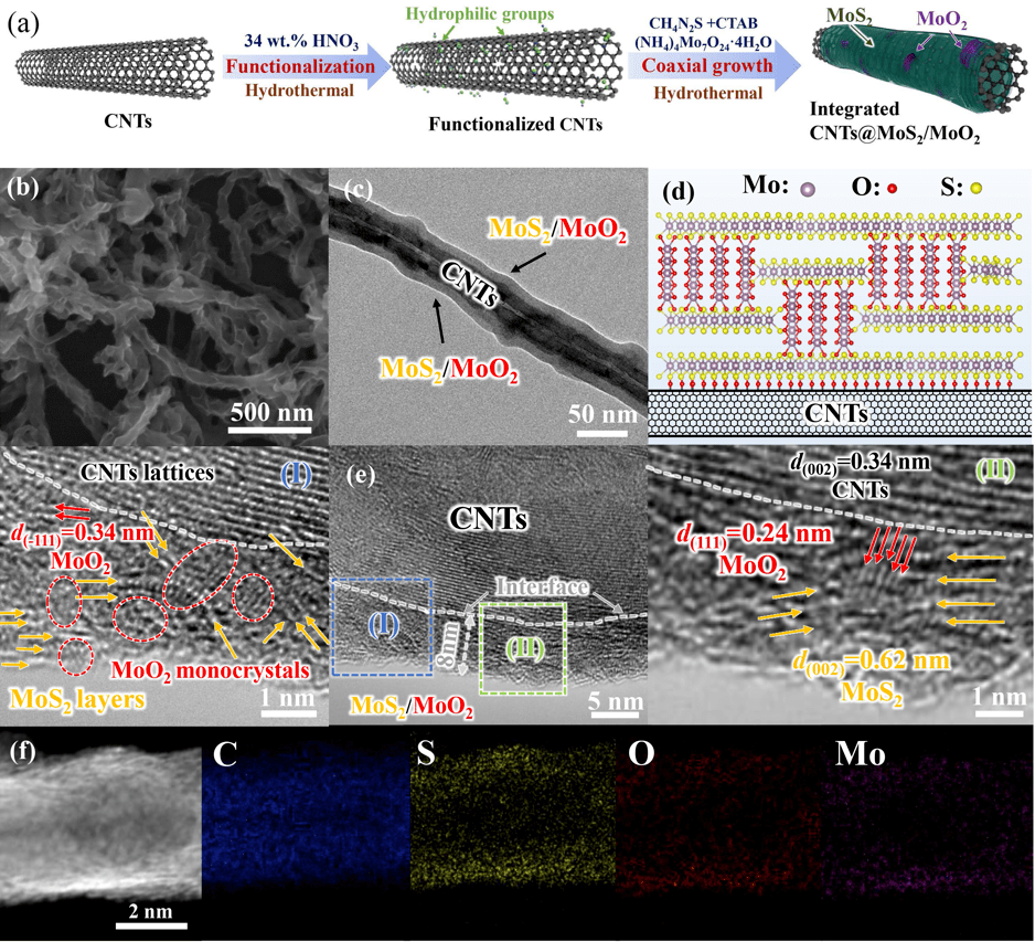 苏大高立军课题组: CNTs@MoS2/MoO2复合材料的同轴共生制备及其协同储锂机制_CNTs@MoO