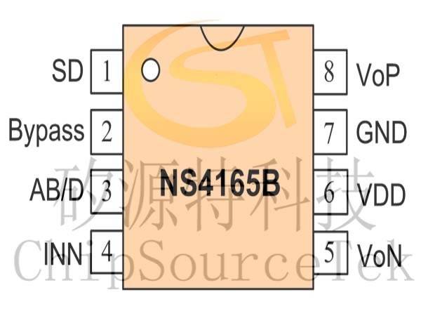 矽源特NS4165B是AB/D类可切换超低EMI，无需滤波器，5.4W高效率单声道音频功放_工作_输出_音响