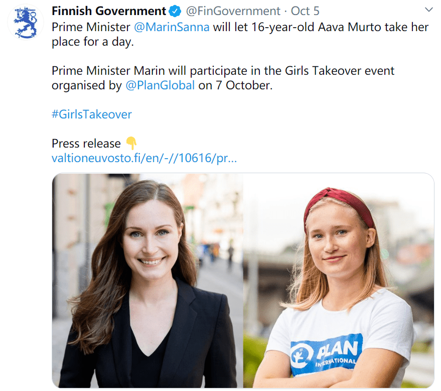 16岁女孩出任一天芬兰总理_女性
