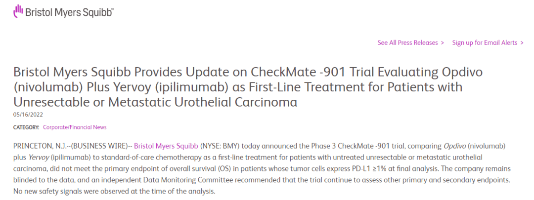 Checkmate-901：O+Y 联合疗法一线尿路上皮癌 3 期临床未达到 OS 终点_Insight_患者_化疗
