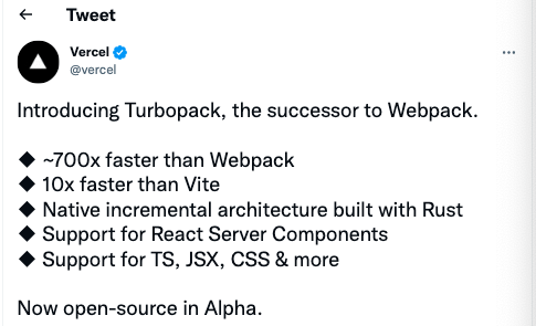 Webpack 创始人推出比 Webpack“快 700 倍”的 Turbopack，基于 Rust 编写_Vercel_Tobias_代码