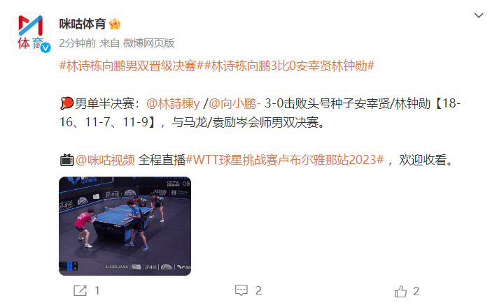 2023WTT卢布尔雅那站：林诗栋/向鹏3-0战胜对手，与马龙/袁励岑会师男双决赛_男单_来源