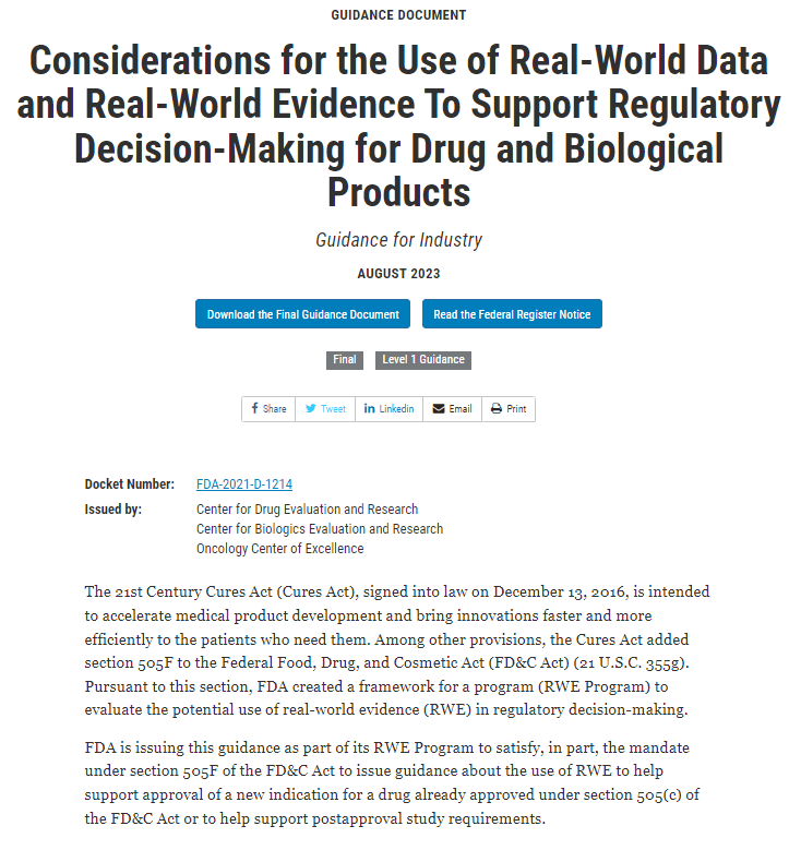 最终指南发布！美国FDA发布关于使用RWD和RWE支持监管决策的最终指南_数据_药物_包括