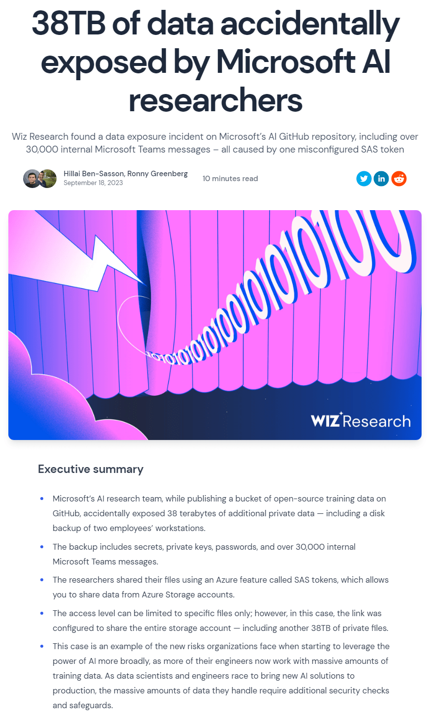 3万多条内部信息！微软AI团队意外泄露大量数据_研究_Wiz_GitHub