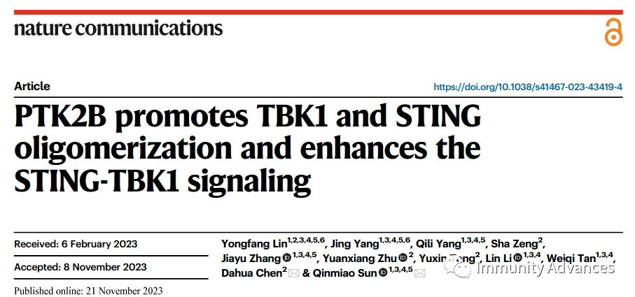 NAT COMMUN | TBK1的酪氨酸激酶PTK2B促进STING和TBK1的寡聚化_研究_调控_蛋白
